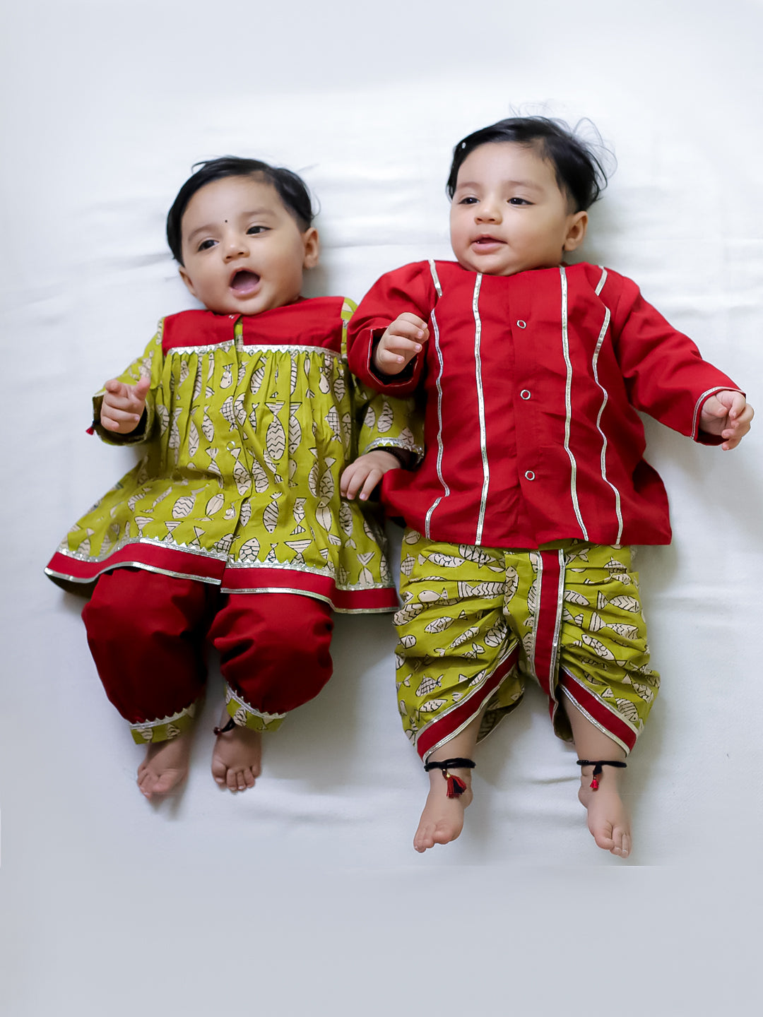 BownBee Fish Fun Dhoti Kurta & Fin-Tastic Kurta With Harrem Sibling Se