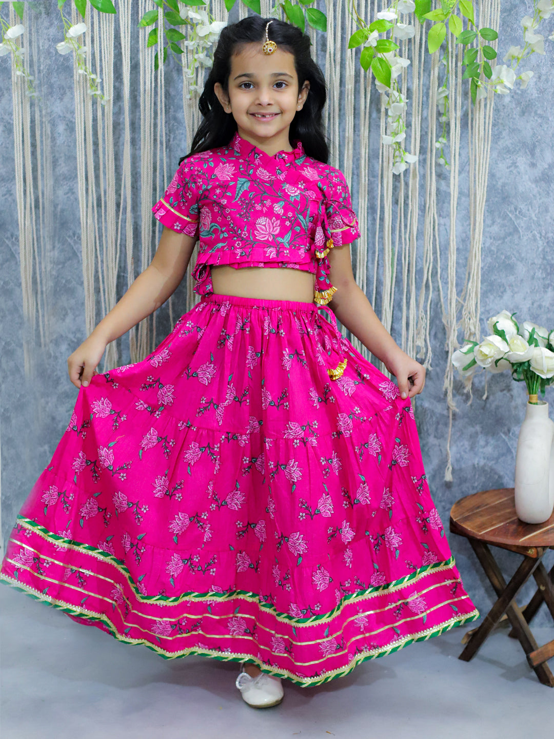 BownBee Pure Cotton Front Open Choli with Lehenga - Pink