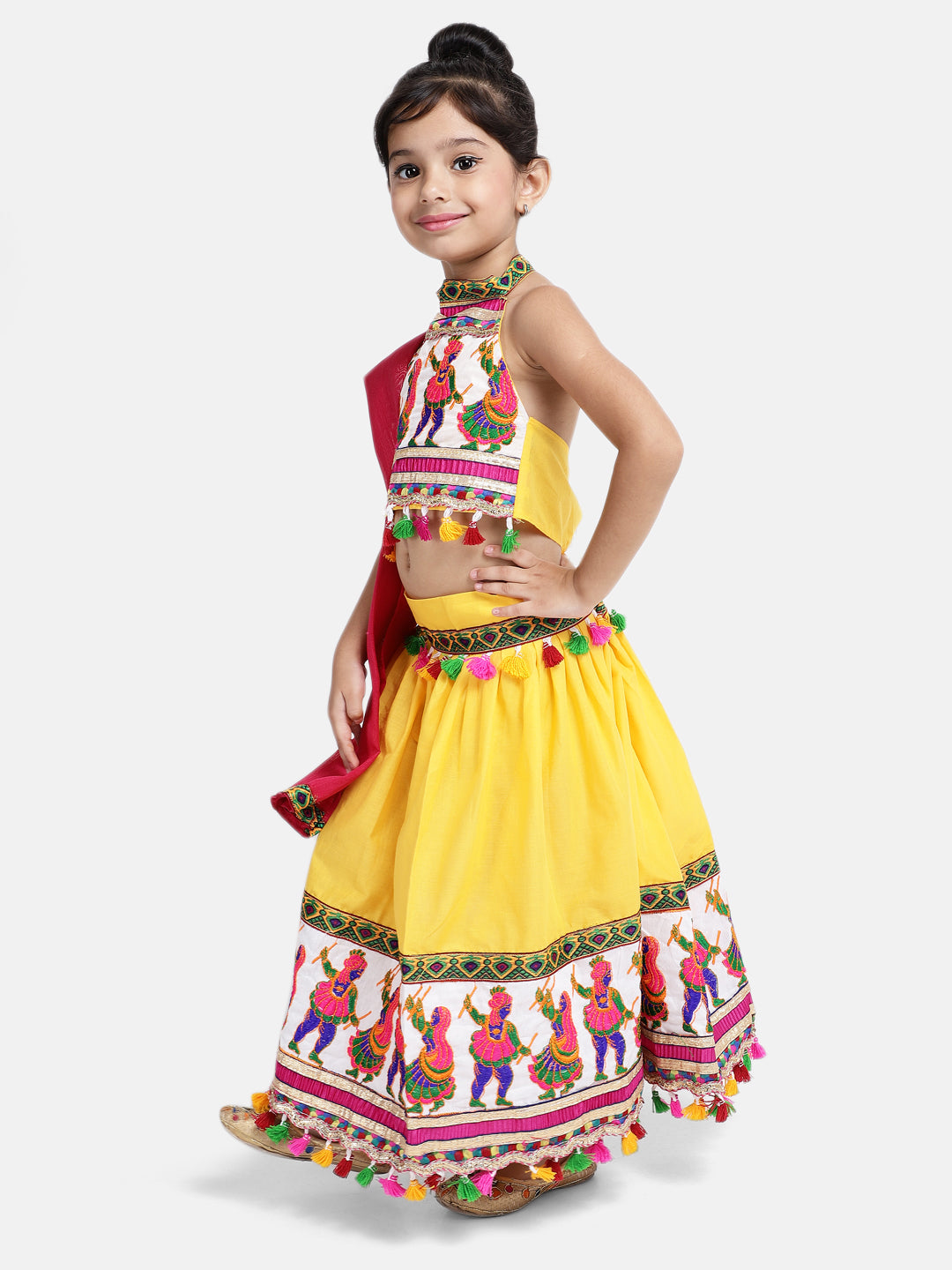 BownBee White Dandiya Border Plain Chaniya Choli-Yellow